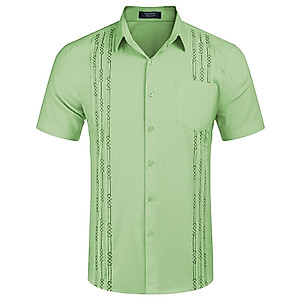 COOFANDY Mens Cuban Guayabera Shirt Linen Short Sleeve Shirts Regular Fit Summer Beachwear Light Green