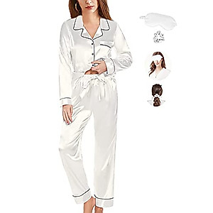 WJing Yi Jia Womens Pajama Set Silk Satin Pajamas Long 2pc Pjs Button Down Sleepwear Pj Set Loungewear