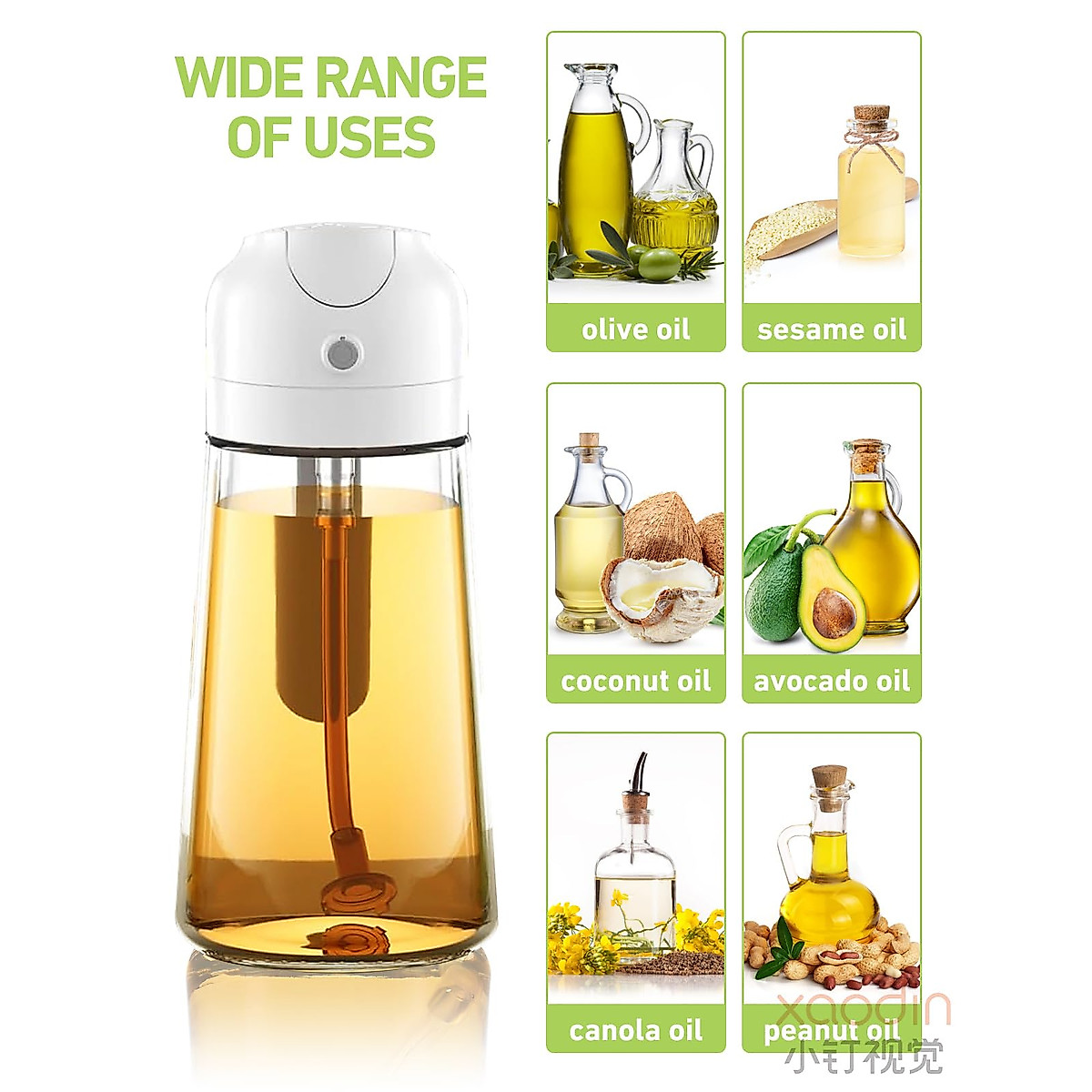 2 in 1 Oil Dispenser And Oil Sprayer for Kitchen, 2 in 1 Oil Sprayer Came With Some Stickers With Various Oil Labels, 420ml/14oz Oil Sprayer Perfect for Cooking, Air Fryer, BBQ, Baking, Salad - White