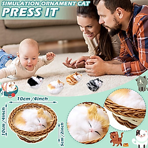 Civaner 4 Pcs Sleeping Cat in Basket Doll Toy Lovely Mini Kitten in Woven Realistic Fake Fluffy Hand Gift Plush Stuffed Decor with Meows Sounds for Office Desk Boys Girls