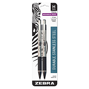 Zebra Pen M-301 Mechanical Pencil, Stainless Steel Barrel, Fine Point, 0.5mm, Black Grip, 2-Pack