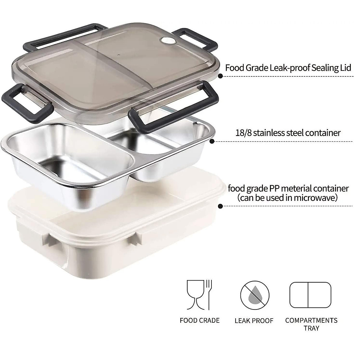 LANSKYWARE 2 Compartments Bento Lunch box with Lunch Bag and Portable Utensils, Stainless Steel Food Lunch Containers for Adults Men Women