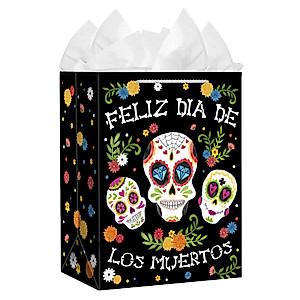 JUESMOS Day of The Dead Gift Bags with Tissue Paper Halloween Treat Bags Sugar Skull Day of The Dead Party Paper Bags Goodie Bags for Day of The Dead Party Favors Decorations Mexican Fiesta Supplies