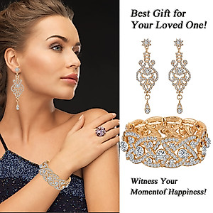 Paxuan Womens White Clear Rhinestone Crystal Wedding Bridal Bridesmaid Bracelet Jewelry Link Tennis Bracelet (Gold - Bracelet + Earrings)