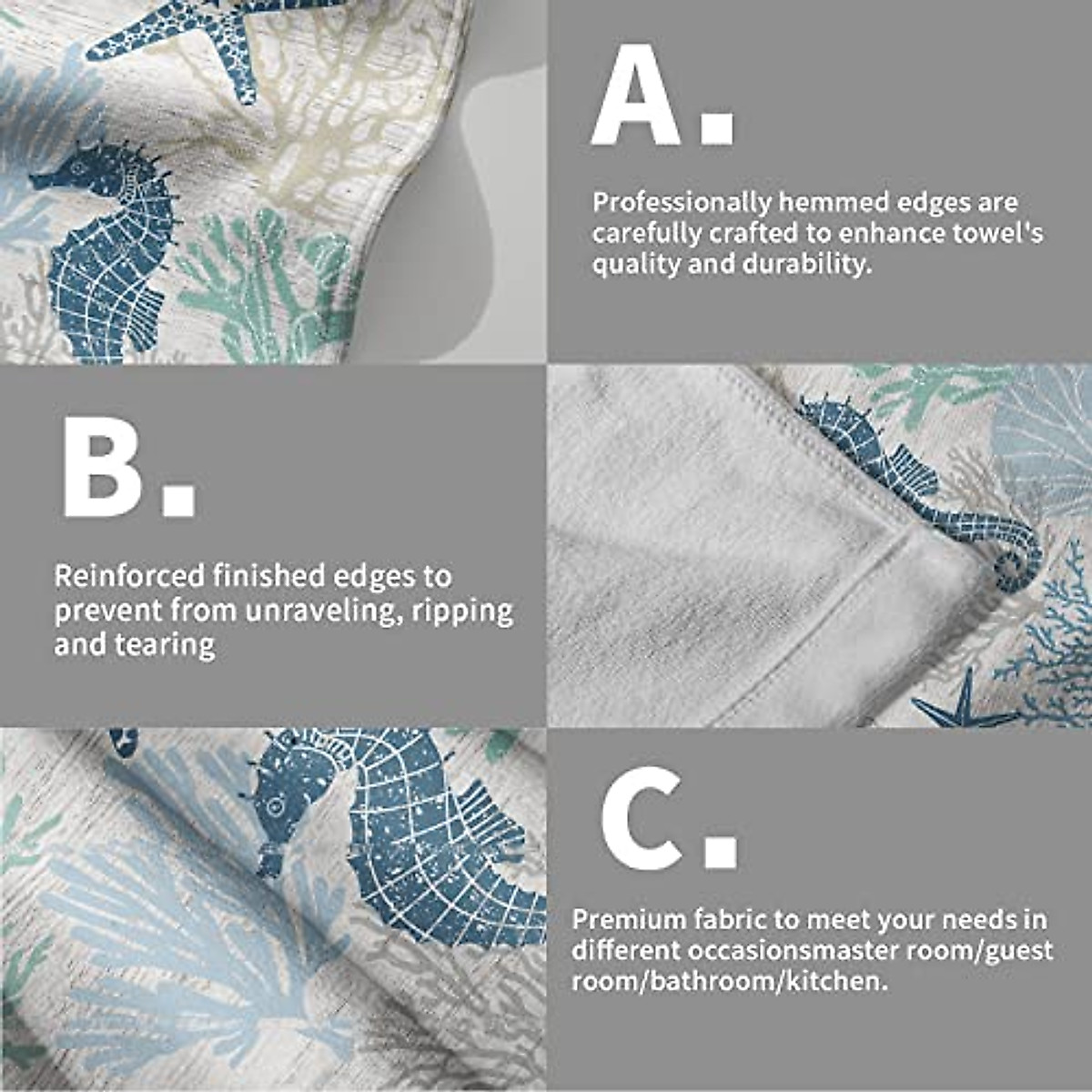 Blue Coral Hand Towels Set of 2 Sea Horse Decorative Bathroom Towels Super Soft Absorbent Towels for Yoga Gym Spa Kitchen 28x14 Inch