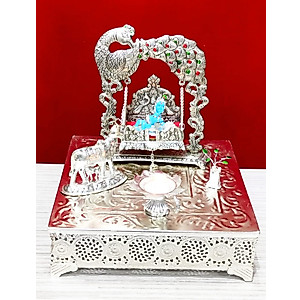 Crafting with Love a Beautiful Little Krishna Peacock jhula with German Silver chowki + Cow Calf + tulsi Plant + Lotus Handle Diya