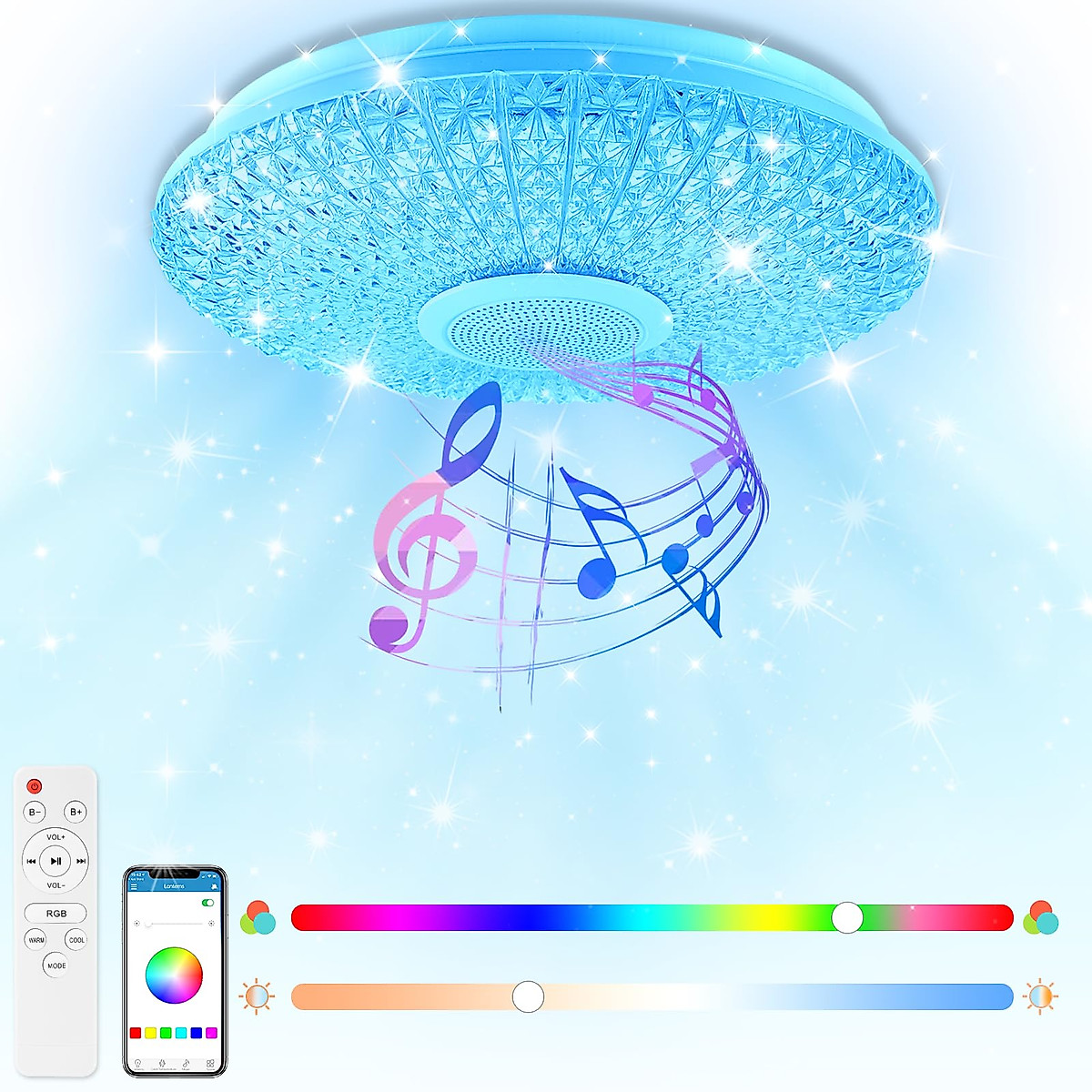 Mosasun 36W APP Remote Control Color Changing Ceiling Lamp with Bluetooth Speaker, Flush Mount LED Bathroom Music Ceiling Light for Kids Room, Laundry, Hallway