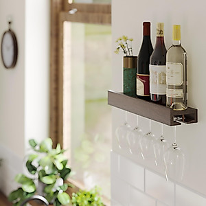 Rustic State Smith Wall Mounted Wood Floating Wine Bottle Rack with Glassware Holder Stemware Shelf Storage Organizer - Home, Kitchen, Dining Room Bar Décor - Walnut - Set of 2