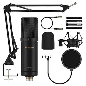 ZINGYOU XLR Condenser Microphone, Cardioid Studio Recording Mic Kit with Boom Arm, Shock Mount, Pop Filter, Windscreen and Cable Ties for Podcast, Voice Over, Vocal, Streaming, YouTube, CA1 (Black)