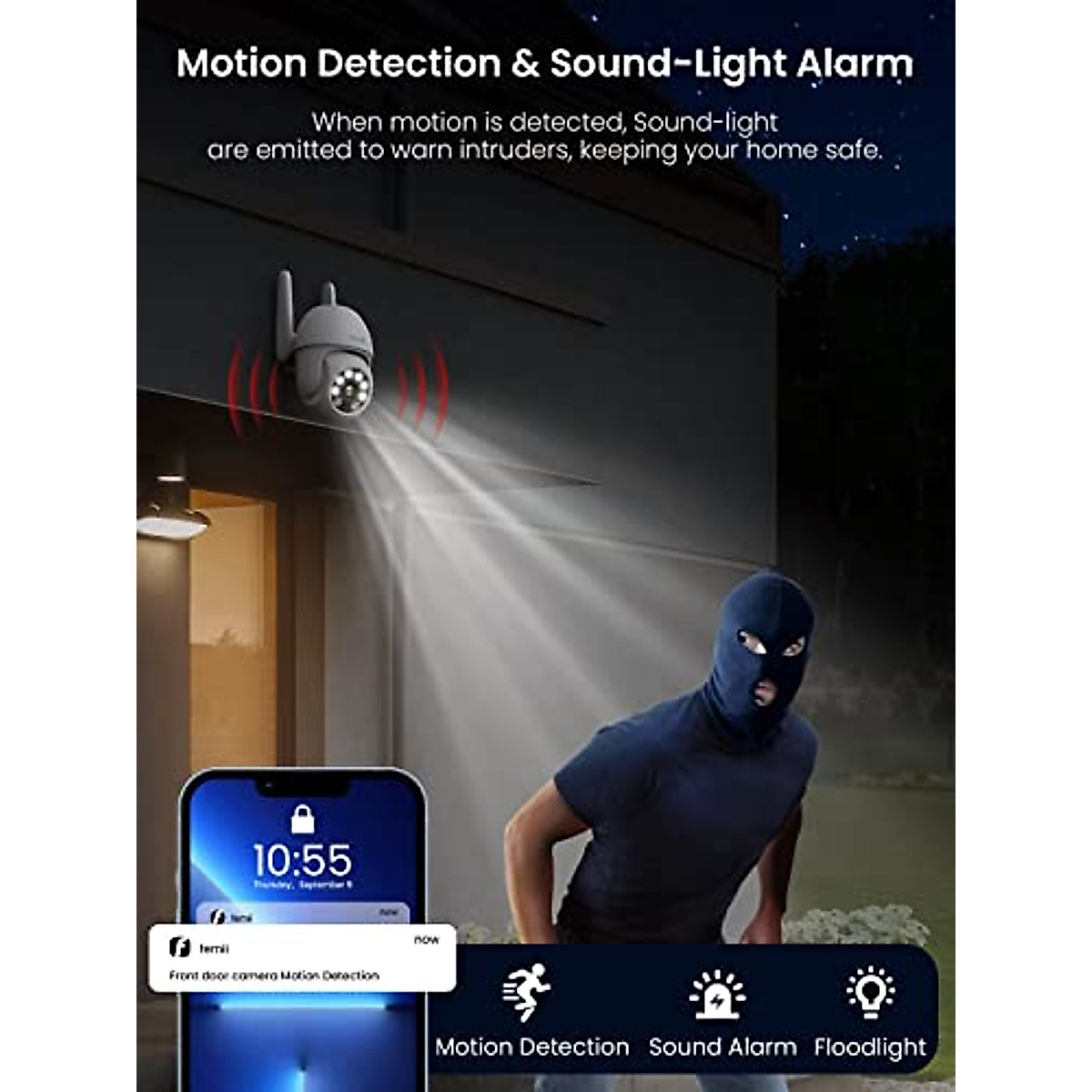 2K Security Camera, PTZ 355°View 3MP Security System 2.4GHZ WiFi Security Cameras Outdoor with Color Night Vision, Motion Detection and Alarm, IP66 Waterproof, 2-Way Talk, 24/7 SD Storage