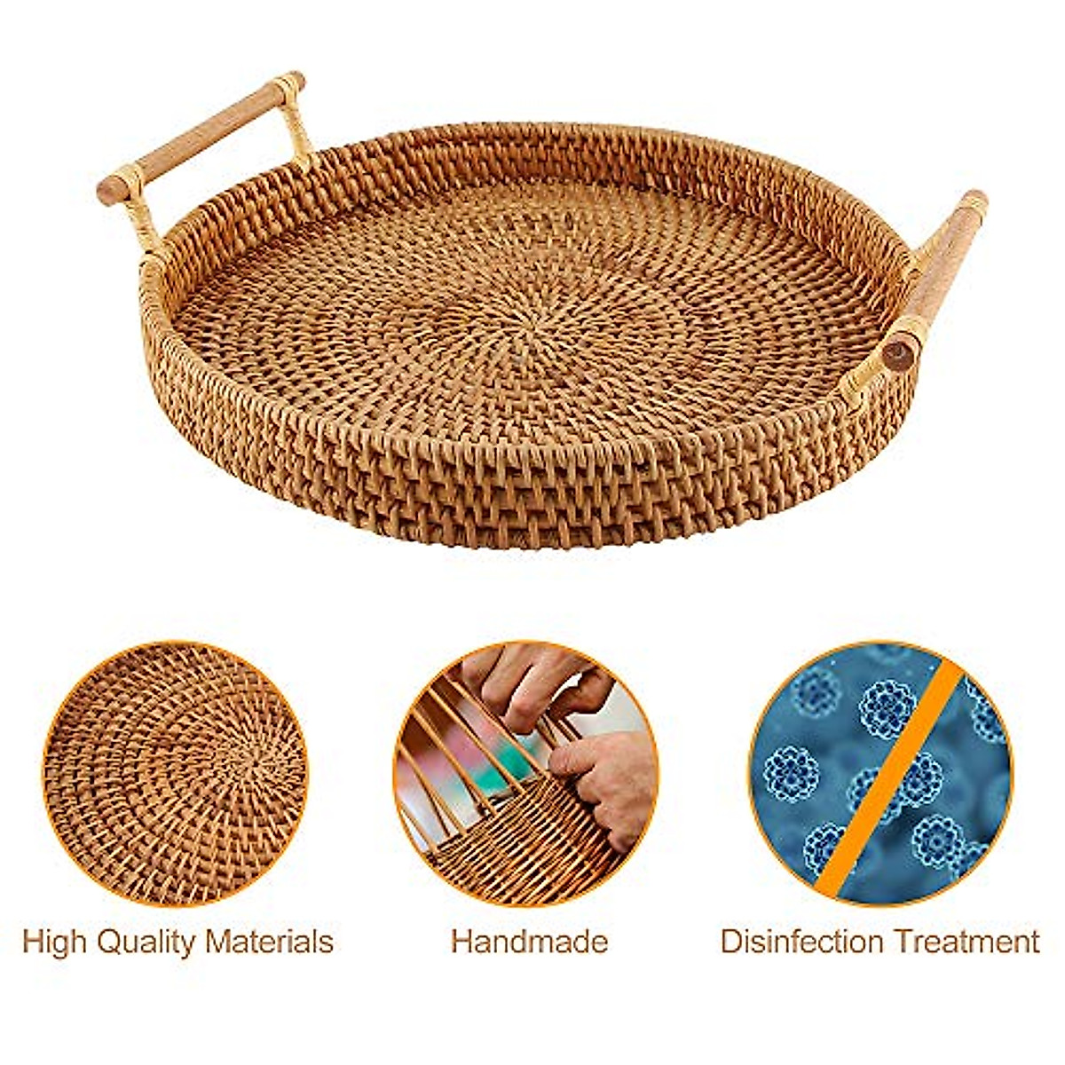 YIWEN Rattan Woven Round Basket, Round Rattan Woven Serving Tray with Handles for Bread Fruit Vegetables, Restaurant Serving & Tabletop Display Baskets (8.7", 1pc)