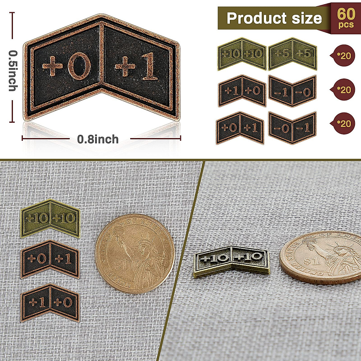 60 Pieces Magic Gathering Counters Tokens Antique Gold Metal Tokens Counters Double Sided Compatible with CCG and MTG with Velvet Drawstring Pouch