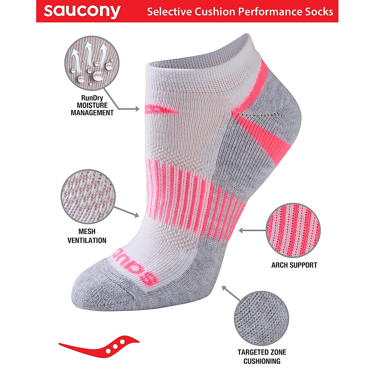Saucony womens Selective Cushion Performance No Show Athletic Sport (6 & 12 Pairs) Socks, White Assorted Pairs), Shoe Size 5-10 US