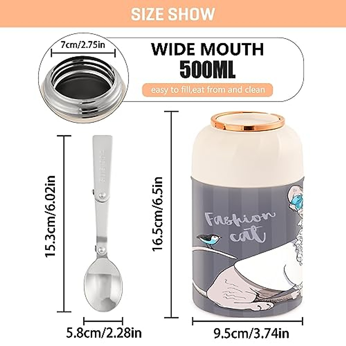 CUPADA Fashion Sphynx Cat Food Jar, Funny Kitty Insulated Hot Food Jars Vacuum 17OZ with Folding Spoon for Work Trip Picnic Camping