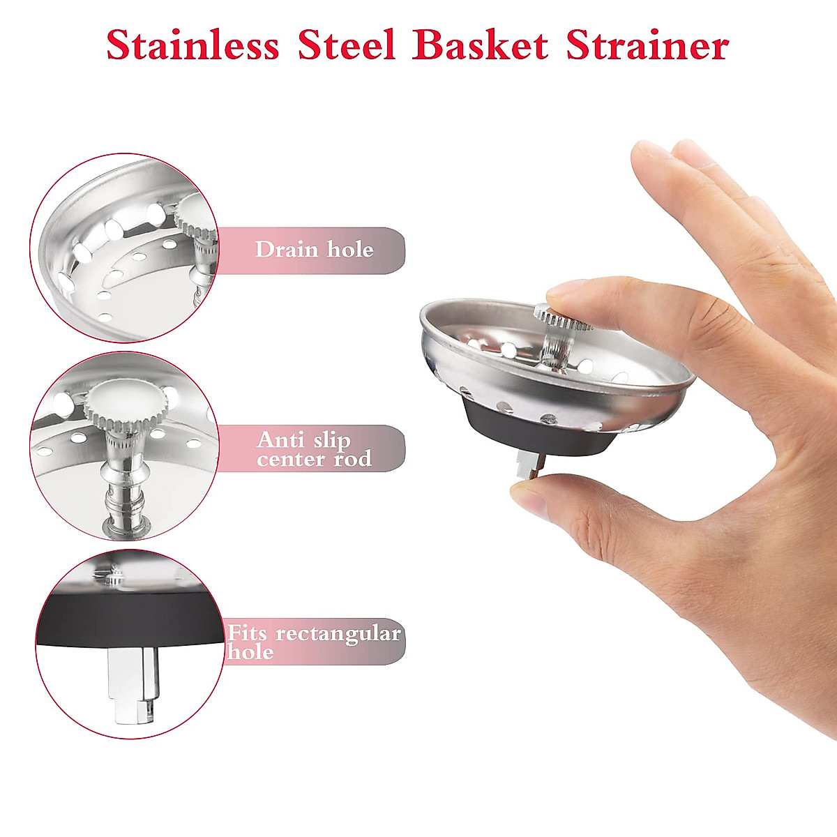 HOMER 2 Pcs Stainless Steel Kitchen Sink Basket Strainer Replacement for 3-1/2 Standard Drain, Kitchen Sink Strainer and Stopper, Basket Replacement with Metal Center Knob, Rubber Stopper Bottom