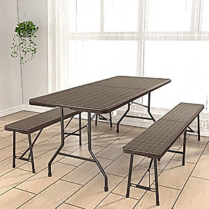 Todeco 2Pcs Folding Benches, 6 Ft Portable Foldable Bench Seat for Soccer Camping Picnic Party with Carrying Handle, Suit for Indoor & Outdoor, Brown Imitated Rattan