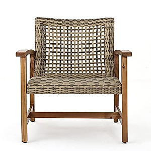 Christopher Knight Home Hampton Outdoor Mid-Century Wicker Club Chairs with Acacia Wood Frame, 4-Pcs Set, Natural Stained / Grey