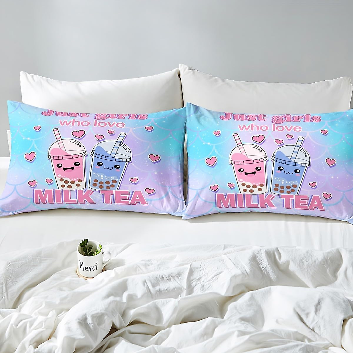Cute Milk Tea Duvet Cover Twin Size,Purple Blue Ombre Fishscale Bedding Set 2pcs for Kids Teens,Cartoon Love Heart Comforter Cover Soft Quilt Cover Bedroom Decor Bedspread