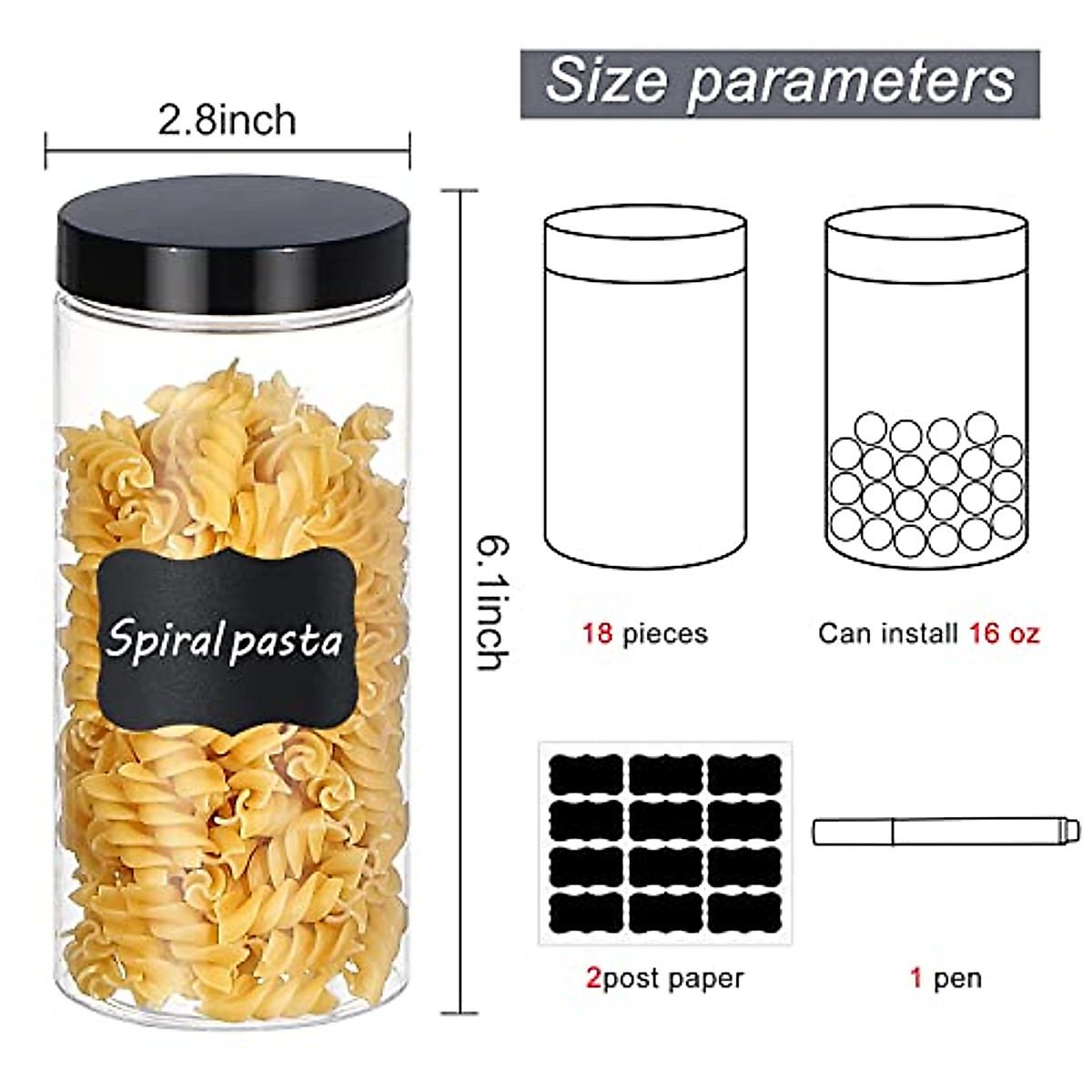 OUSHINAN Plastic Jars with Screw On Lids, Pen and Labels Refillable Empty Round Slime Cosmetics Containers for Storing Dry Food, Makeup, Slime, Honey Jam, Cream, Butter, Lotion… (18PCS 16OZ Black)