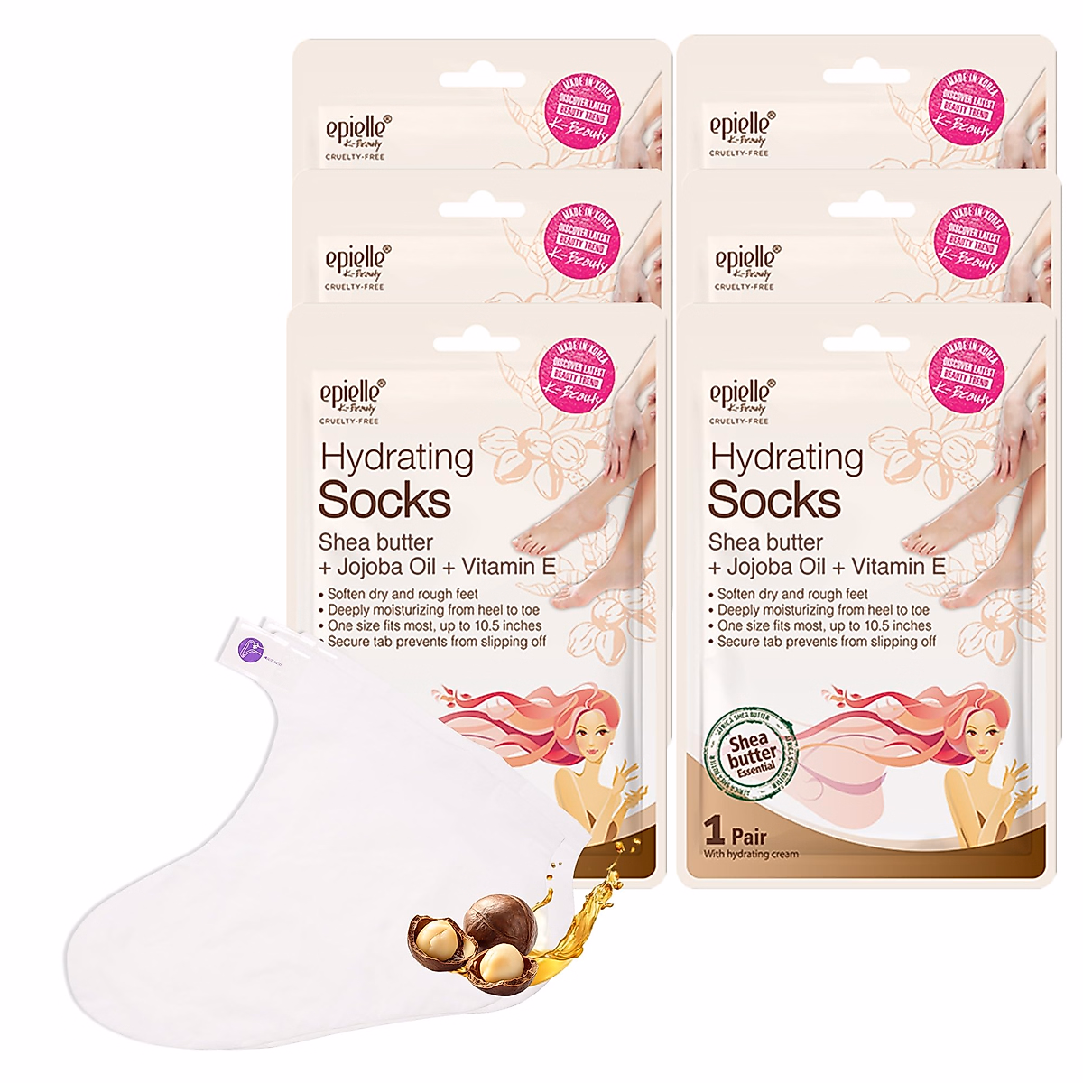 Epielle Hydrating Foot Masks (Socks 6pk) for foot cracked and dry heel to toe and callus Spa Masks - Shea butter + Jojoba Oil + Vitamin E Moisturize