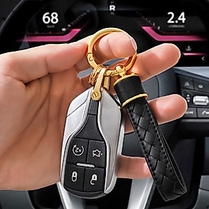 Gkeygo Leather Car Keychain, Handmade Woven Keychains for Women and Men, Universal Key Fob Holder with 360 Degree Rotatable, Anti-Lost D-Ring, 2 Keyrings and 1 Screwdriver – Black