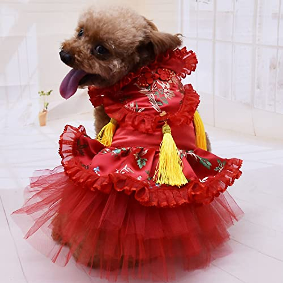 guohanfsh Pet Accessories,Pet Costume Chinese Style Dress-up Skin-Friendly Dogs Cats Tulle Princess Dress Pet Supplies Pet Clothes Tassels Decor for