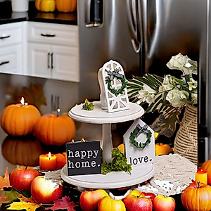 Defined Deco Wooden Decorative Tray Two Tiered Tray, White Tiered Tray, Cupcake Stand, Serving Tray Stand with 3 Pcs Signs Decor for Kitchen Island Decor, Home Decor and Holloween Farmhouse Décor