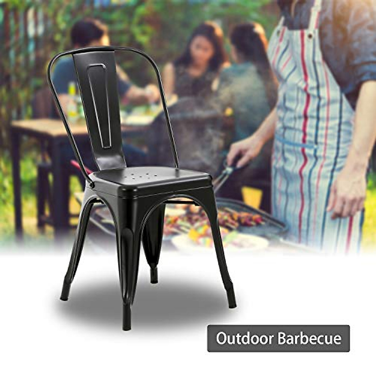 HCB Metal Dining Chairs Set of 4 Indoor Outdoor Patio Chairs Stackable Kitchen Chairs with Back Restaurant Chair 330 LBS Capacity (Black)