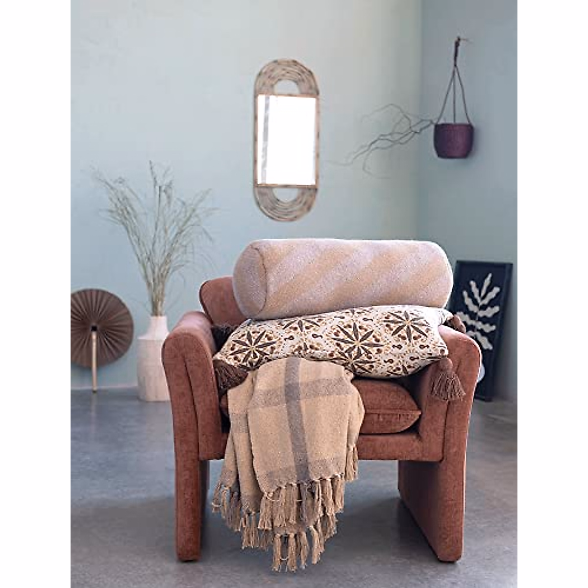 Bloomingville Recycled Cotton Blend Woven Plaid and Tassels Blanket Throw, Semi Double, Tan