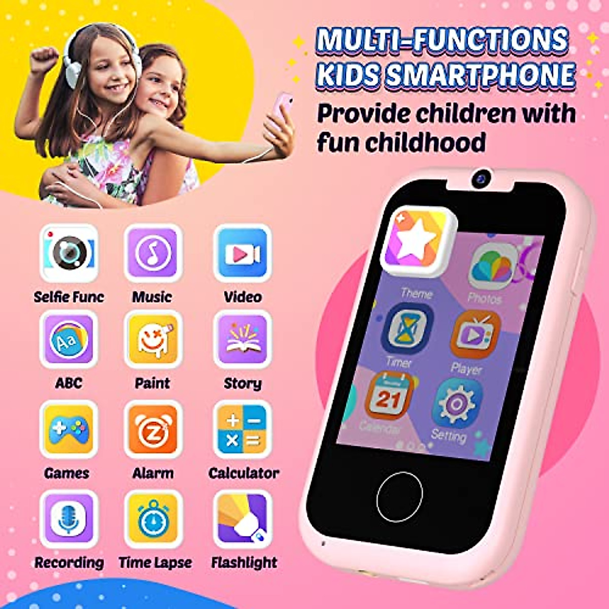 Prysyedawn Kids Smart Phone for Girls, Christmas Birthday Gifts for Girls Age 3-6, MP3 Music Player with Dual Camera, Toddler Touchscreen Phone Learning Toy for 3 4 5 6 Year Old Girl with SD Card-Pink