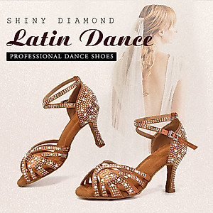 TINRYMX Latin Dance Shoes Women Rhinestones Tango Salsa Performance Ballroom Party Dance Shoes,YCL506-Bronze-7.5,US 8