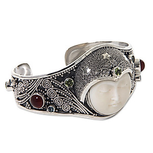 NOVICA Artisan Handmade Peridot Carnelian Cuff Bracelet with Gemstones Bone Silver Sterling Blue Topaz Multigem Green Multicolor Red Indonesia Sun Moon Birthstone Balinese Traditional [6 in Inner Cir]