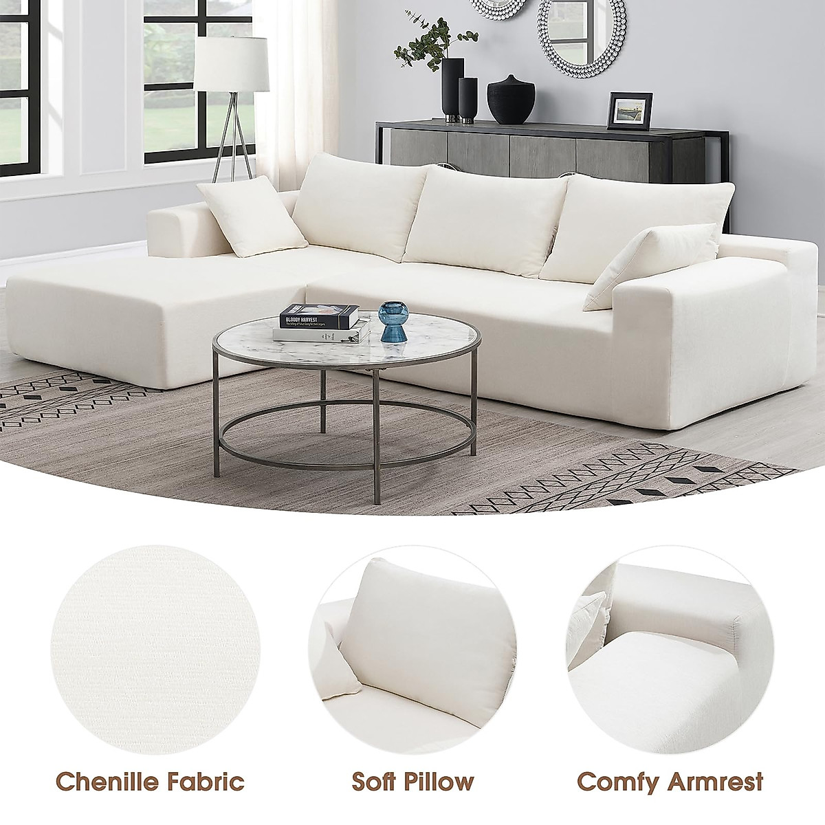 Suheww L Shaped Sectional Sofa Couch, Modern Chenille Cloud Comfy Floor Sofas with Chaise & Pillows for Living Room Office Apartment, No Assembly Required, 109”W, White
