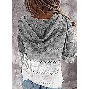 SHEWIN Womens Striped Color Block Lightweight Knit Hooded Sweater Casual Long Sleeve V Neck Drawstring Hoodies Pullover Sweatshirt Fall Outfits for Women,US 16-18(XL),Light Grey