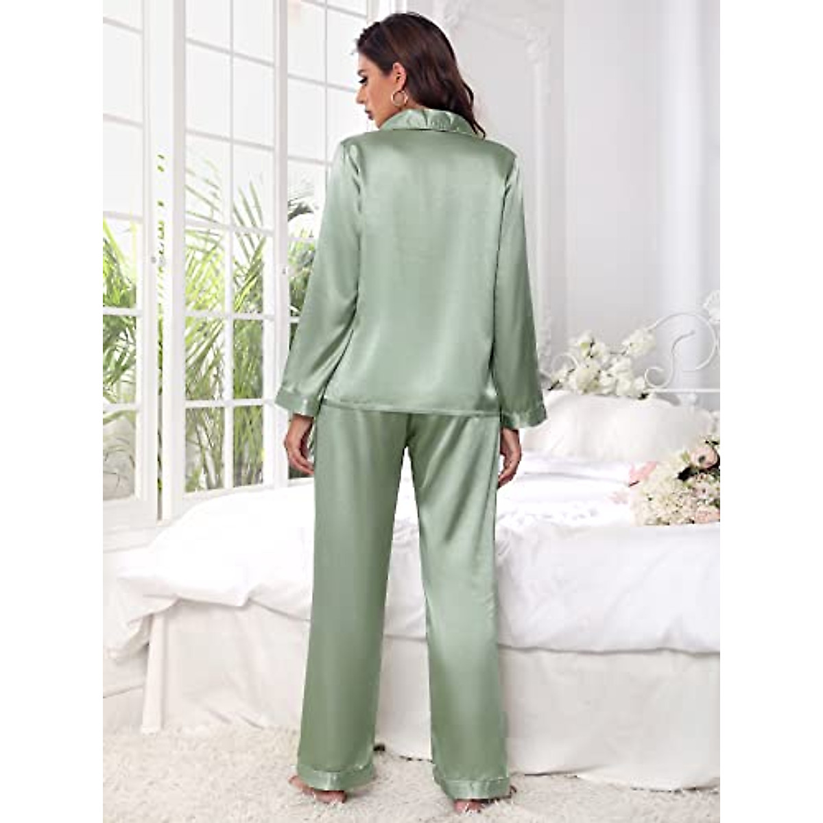 OYOANGLE Women's Satin Long Sleeve Pajama Set Button Down Silk Pj Set Sleepwear Lounge Set Mint Green XL