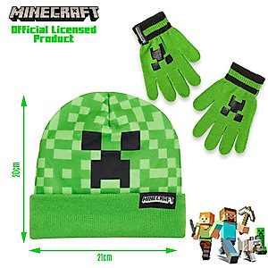 Minecraft Beanie Hat Fluffy Bucket Hat or Boys Hat and Glove Set for Kids Teens (Green Hat & Gloves, One Size)