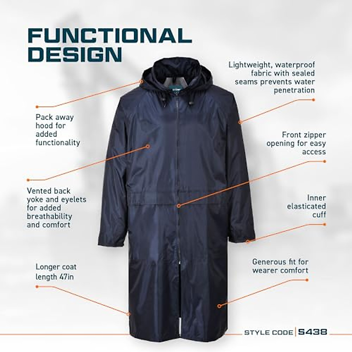Portwest S438 Men's Waterproof Raincoat - Lightweight Long Rain Jacket with Hood and Pockets Navy, Large