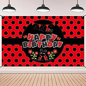 Vlipoeasn Ladybug Themed Party Supplies, Cute Ladybird Birthday Decorations for Girls, Black Red Ladybug Happy Birthday Banner Backdrop, Ladybug Baby Shower Decorations