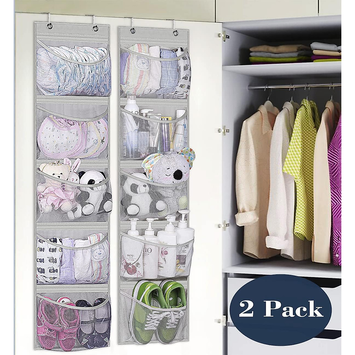 KEETDY Over The Door Organizer Storage for Closet with 5 Pockets Organizer for Bedroom Bathroom, 2 Pack