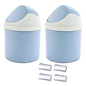 ZGWANSUI 2Pcs Desktop Trash Can with Swing Lid & 120 Trash Bag, Mini Countertop Trash Can for Desk, Tiny Cute Garbage Can, Small Waste Bin for Tabletop Counter Top Vanity Home Office Car, Blue
