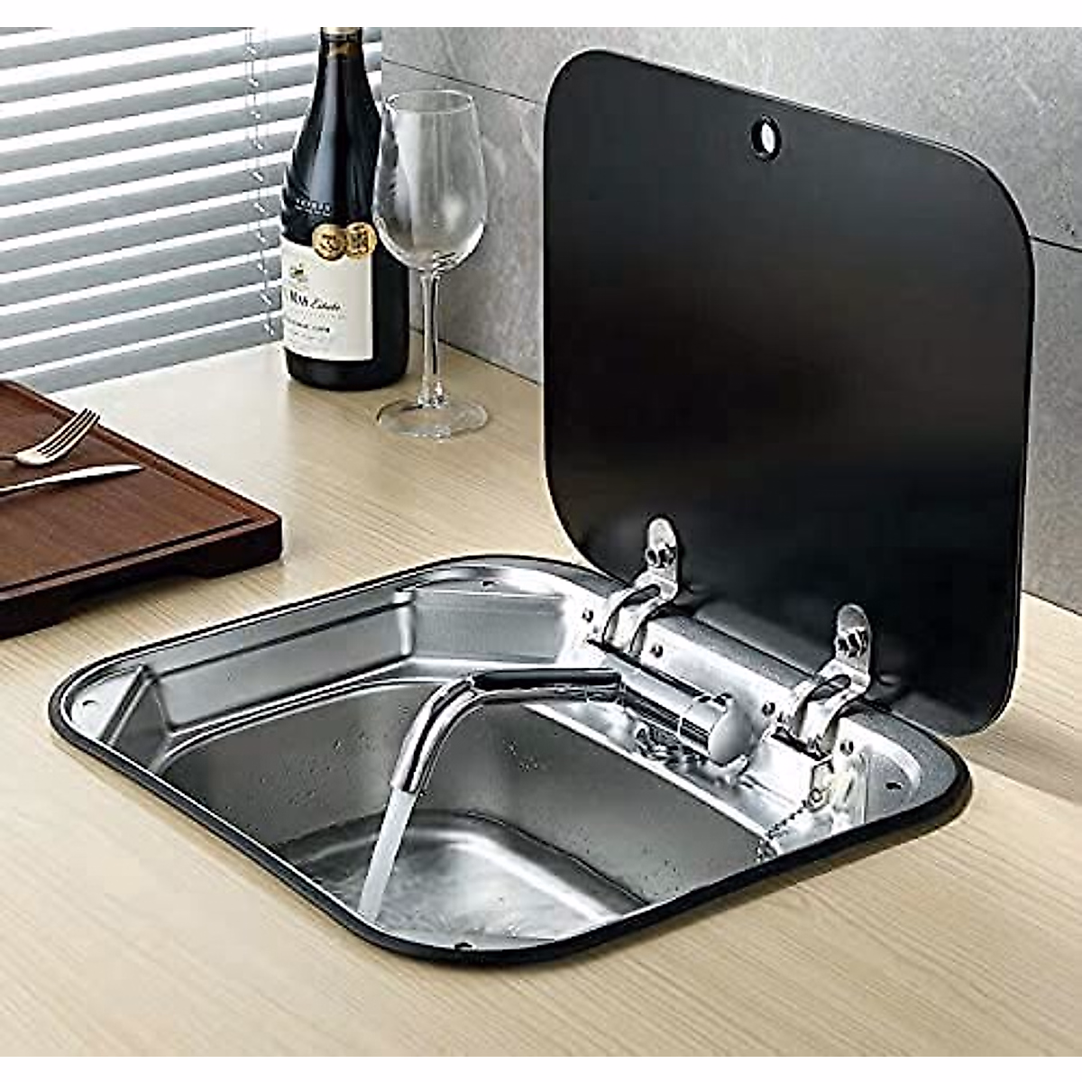 RV Sink Kitchen Bar Sink RV Stainless Steel Hand Wash Basin Sink with Folded Faucet Tempered Glass Lid Washbasin for Camper, Trailer, Caravan, RV, Home, Cafe, Bar, Boat