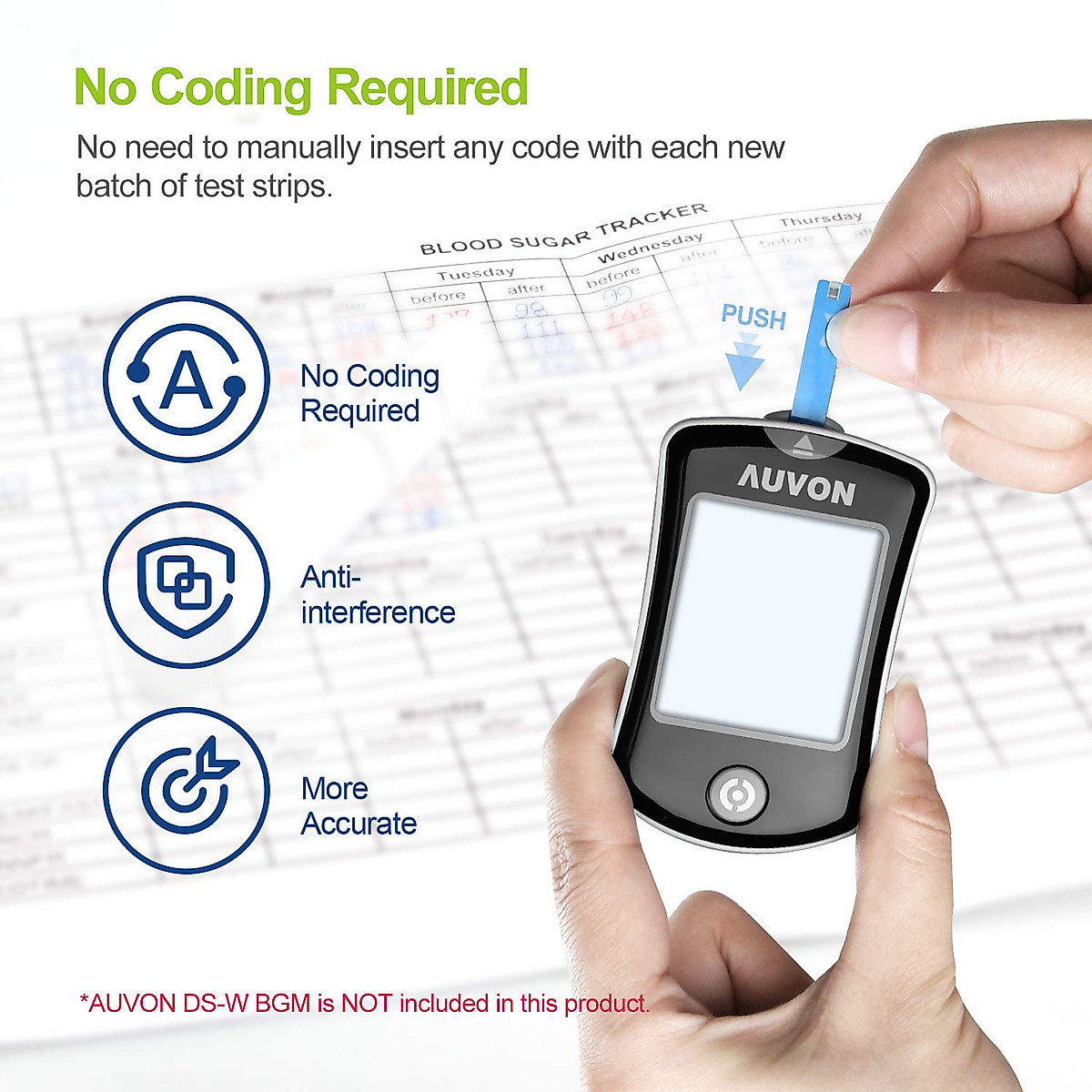 AUVON DS-W Draw-in Blood Glucose Test Strips for use with AUVON DS-W Diabetes Sugar Testing Meter (No Coding Required, 300 Count)