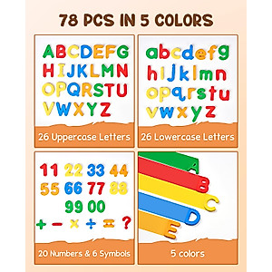 JoyCat 78 Pieces Magnetic Letters Numbers Alphabet Fridge Magnets ABC 123 Preschool Educational Learning Plastic Colorful Toy Set Uppercase Lowercase Math Symbols for Toddlers Kids