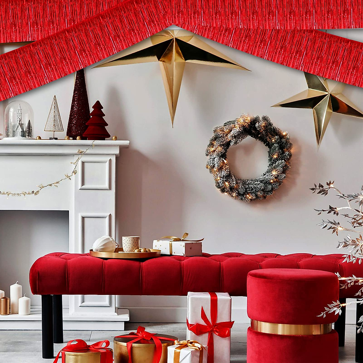 10 Pack 10 Feet Red Foil Fringe Garland Metallic Tassle Banner Wall Hanging Tinsel Streamers Backdrop for Parade Floats, Bachelorette, Wedding, Birthday, Halloween, Christmas Party Decorations