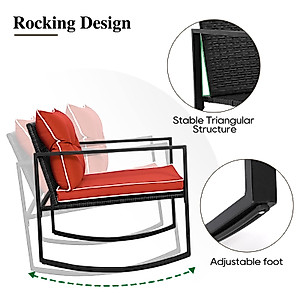 BAIJIAWEI B 3PCS Set Rattan Wicker Rocking Chair - Bistro Furniture Set with Coffee Table, Garden Patio Yard Porch Balcony Furniture All- Weather Wicker Rocker Chair with Cushions