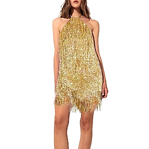 Formal Dresses for Women Evening Party Women's Fashion Sexy Sleeveless Sleeveless Halter Tassel Sparkling Party Cocktail Gold