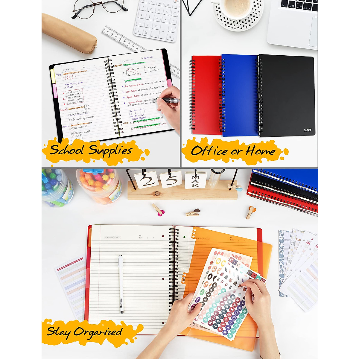 SUNEE 5 Subject Notebook College Ruled - 240 Pages, 6.2"x8.5", 5 Pocket Colored Dividers, 3-Hole Punched Paper, Black