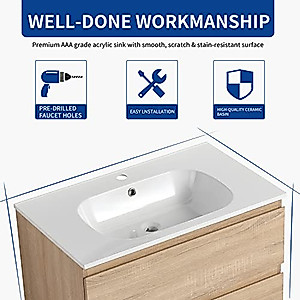 Henf 30" inch Wall Mounted Bathroom Vanity with Sink, Modern Floating Bathroom Vanity with White Integrated Gel Sink & Two Drawers, Plywood Hanging Bath Cabinet w/Resin Wash Basin (Light Oak)