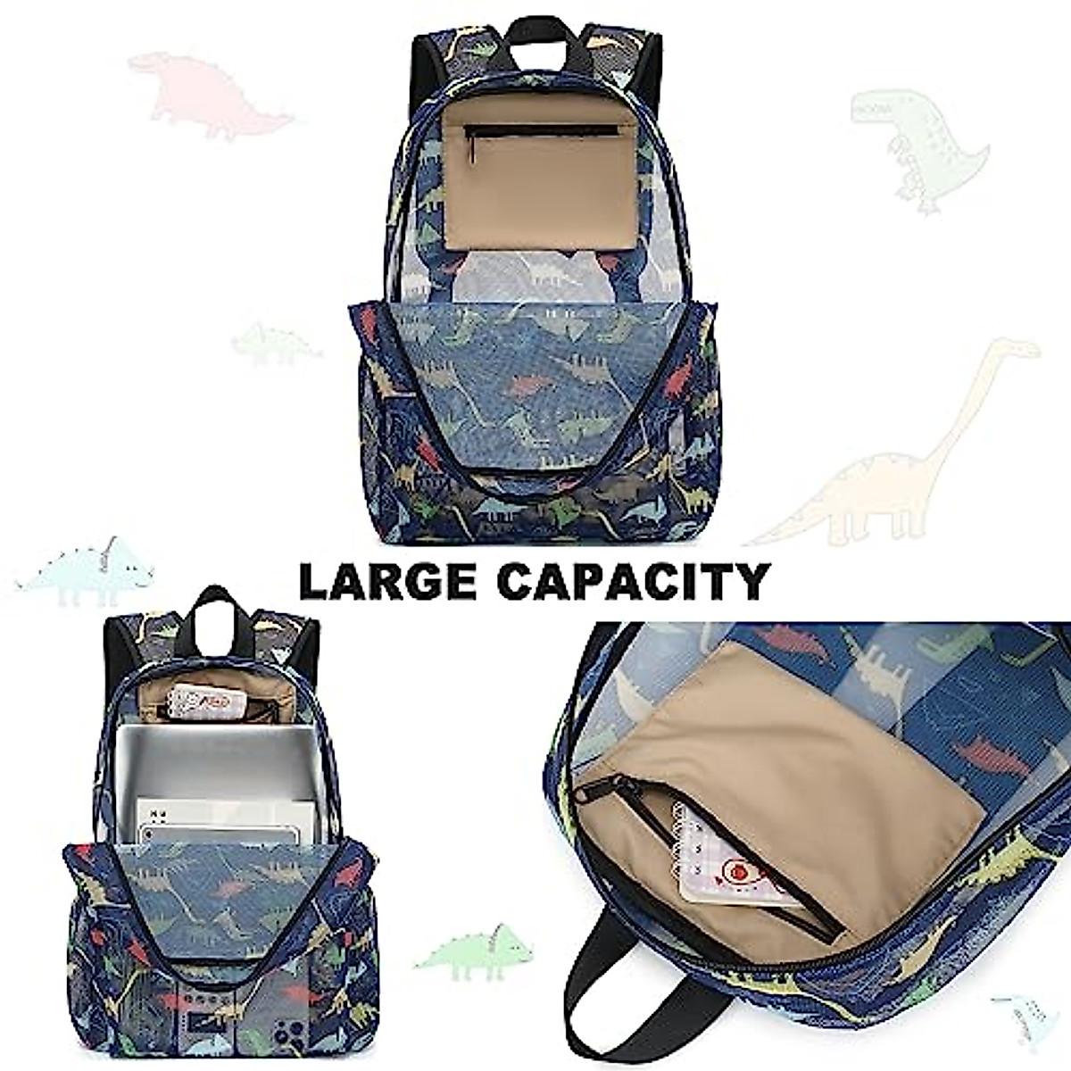 CAMTOP Mesh Backpack Kids Boys Girls Bookbag See Through Preschool Kindergarten Backpacks Casual Daypack for School Beach Travel Swim(Age 3-8 Years,Dinosaur)