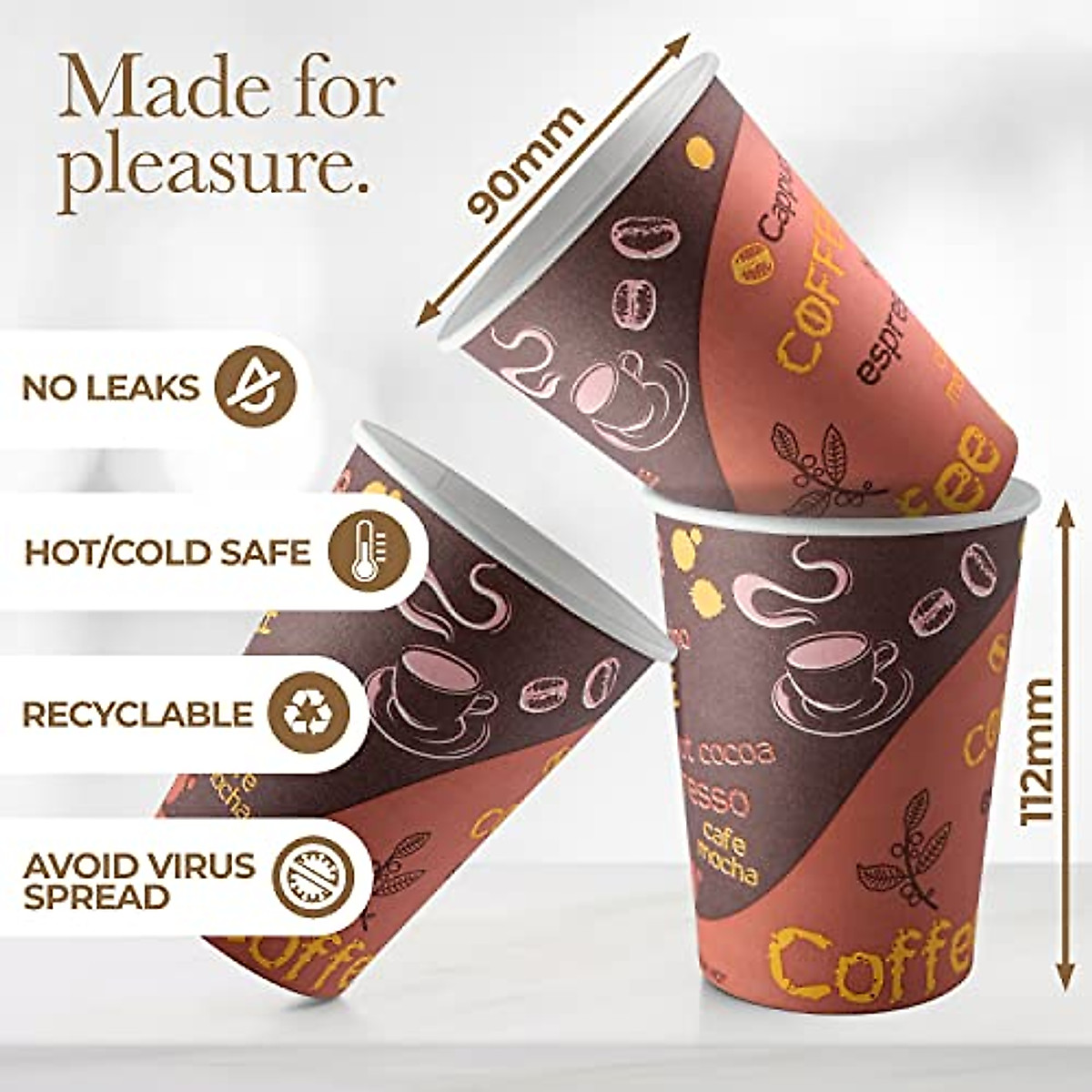 Disposable Coffee Cups with Lids 12 oz (100 Pack) - To Go Paper Coffee Cups for Hot & Cold Beverages, Coffee, Tea, Hot Chocolate, Water, Juice - Eco Friendly Cups
